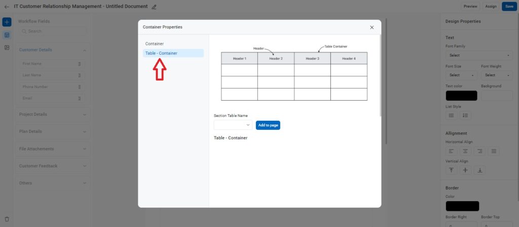 How do I add a table container in the Document Designer? - Cflowapps